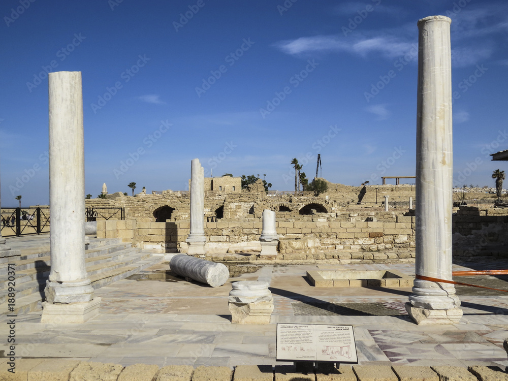 Caesarea, Israel - Columns in Caesarea National Park - Ruins of ancient ...