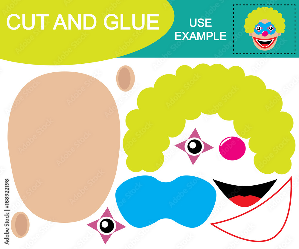 Cut and glue to create image of head of clown. Educational game for ...