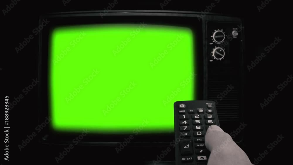 Changing Channels Tv Remote Old Television Green Screen. Male hand ...