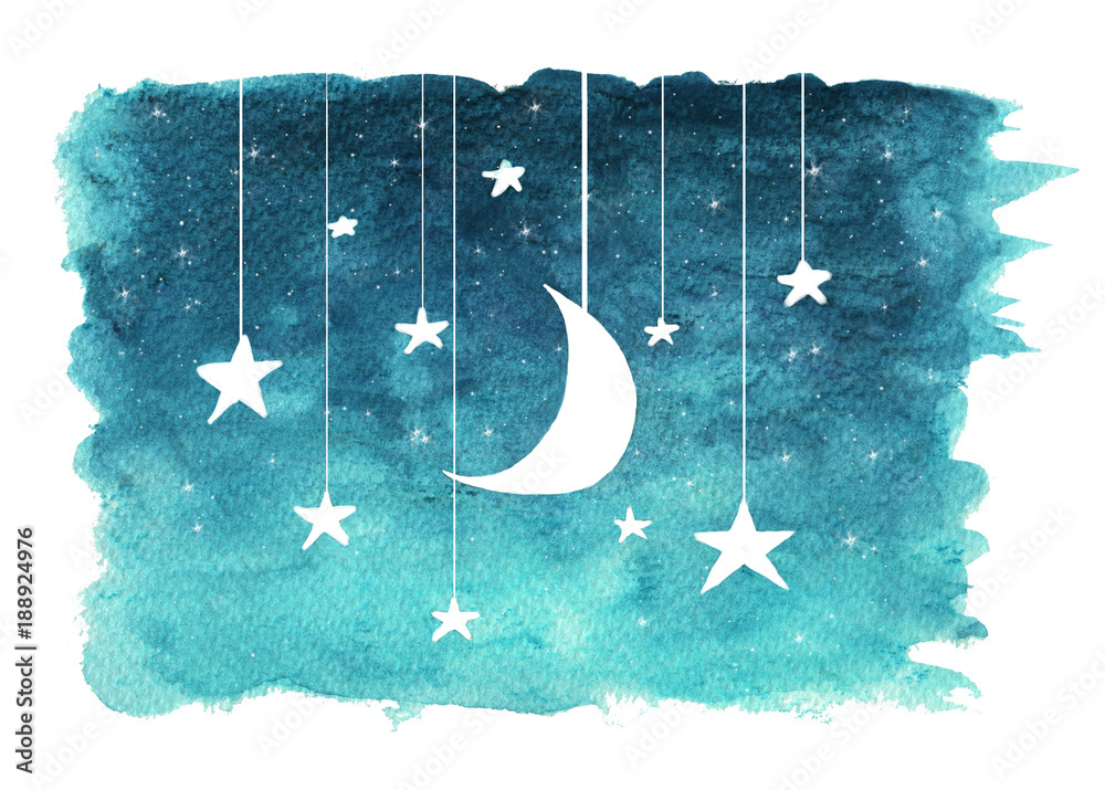 The moon and stars hanging from strings painted in watercolor on white ...