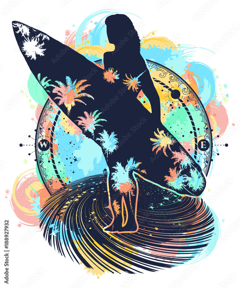Space surfing sport color tattoo and t-shirt design water color ...