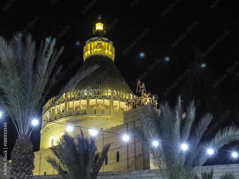 Nazareth, Israel - night in the Basilica of the Annunciation marks the ...