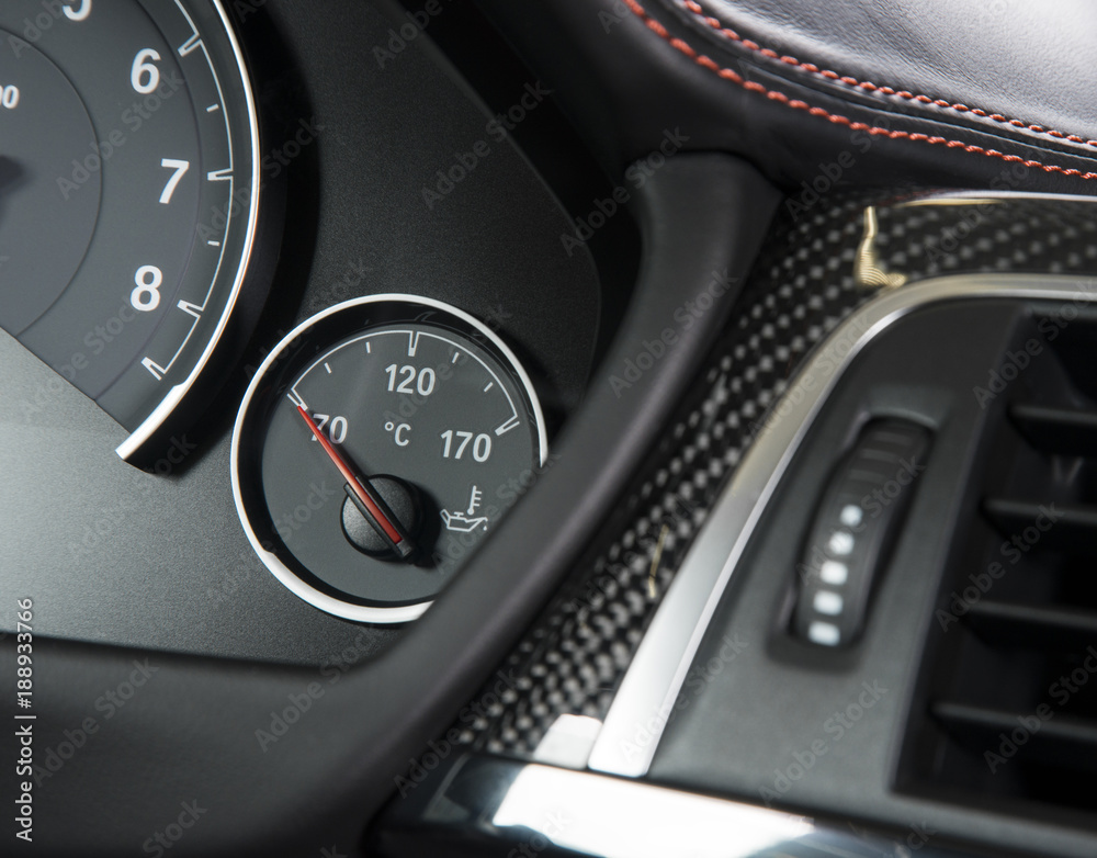 Temperature gauge in modern car dashboard, interior details Stock Photo ...