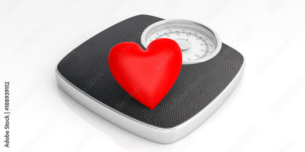 Weighing scale and a red heart isolated on white background. 3d ...