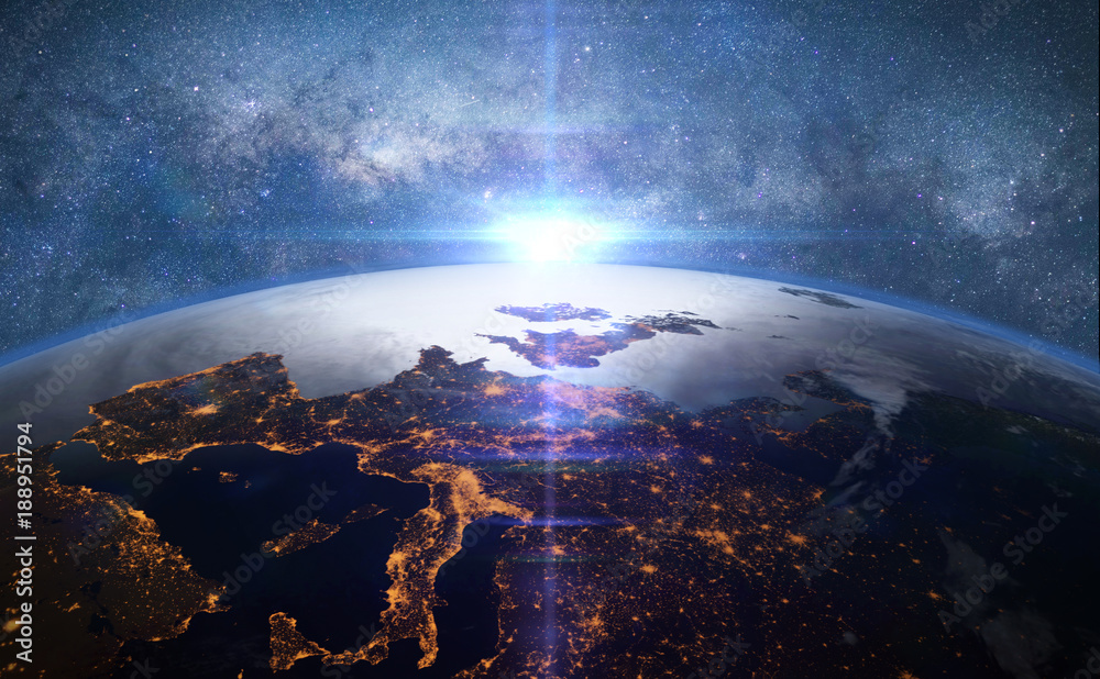 sunset over the planet Earth in front of the Milky Way galaxy Stock ...
