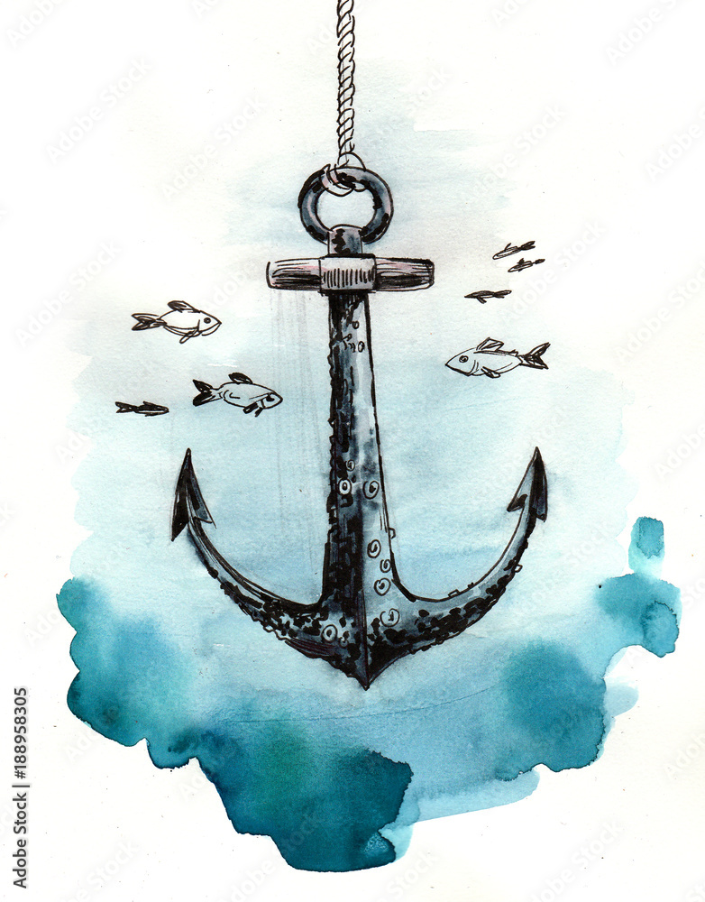Watercolor sketch of an anchor underwater Stock Illustration | Adobe Stock