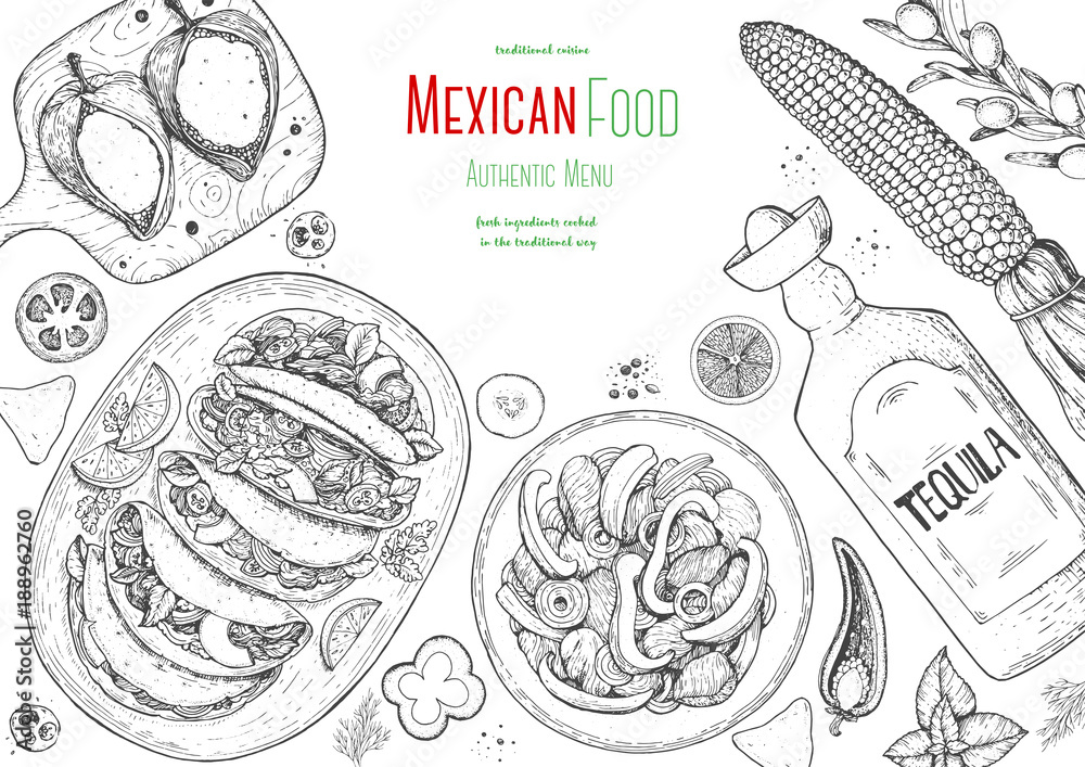 Mexican food top view frame. A set of classic mexican dishes with tacos ...