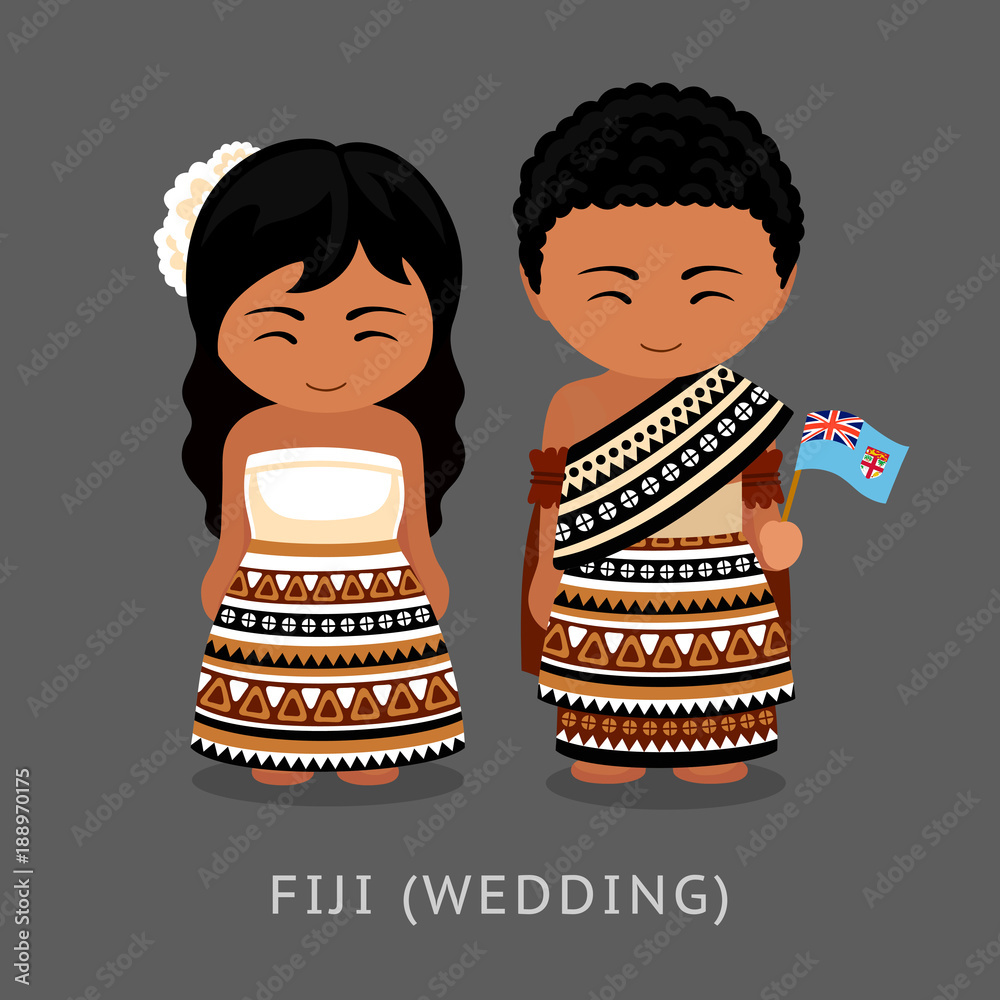 Fijians in national dress with a flag. Man and woman in traditional ...