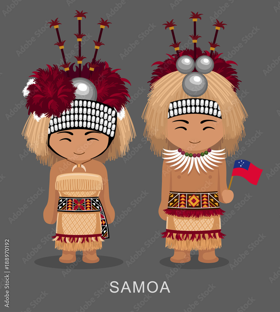Vektorová Grafika „samoans In National Dress With A Flag Man And Woman