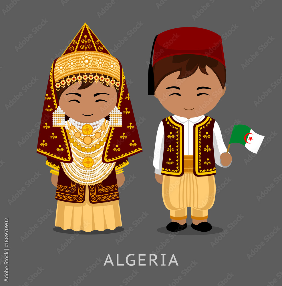 Algerians in national dress with a flag. Man and woman in traditional ...