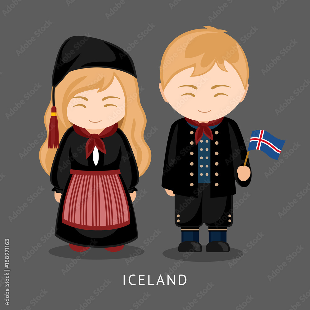 Icelanders in national dress with a flag. Man and woman in traditional ...