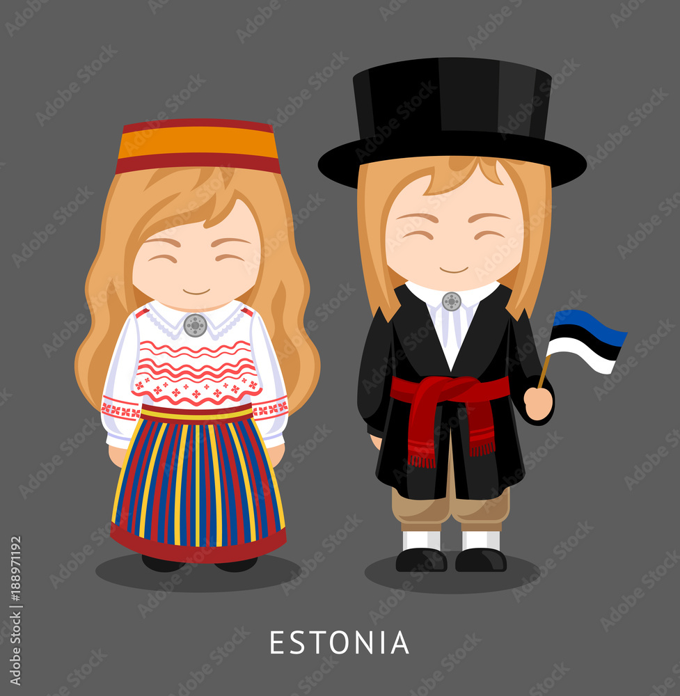 Estonians in national dress with a flag. Man and woman in traditional ...