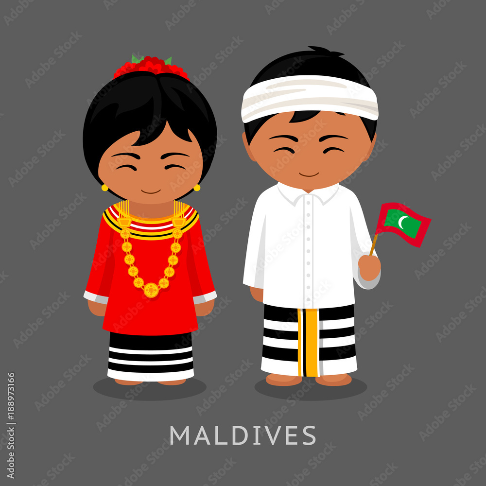 Maldives in national dress with a flag. Man and woman in traditional ...
