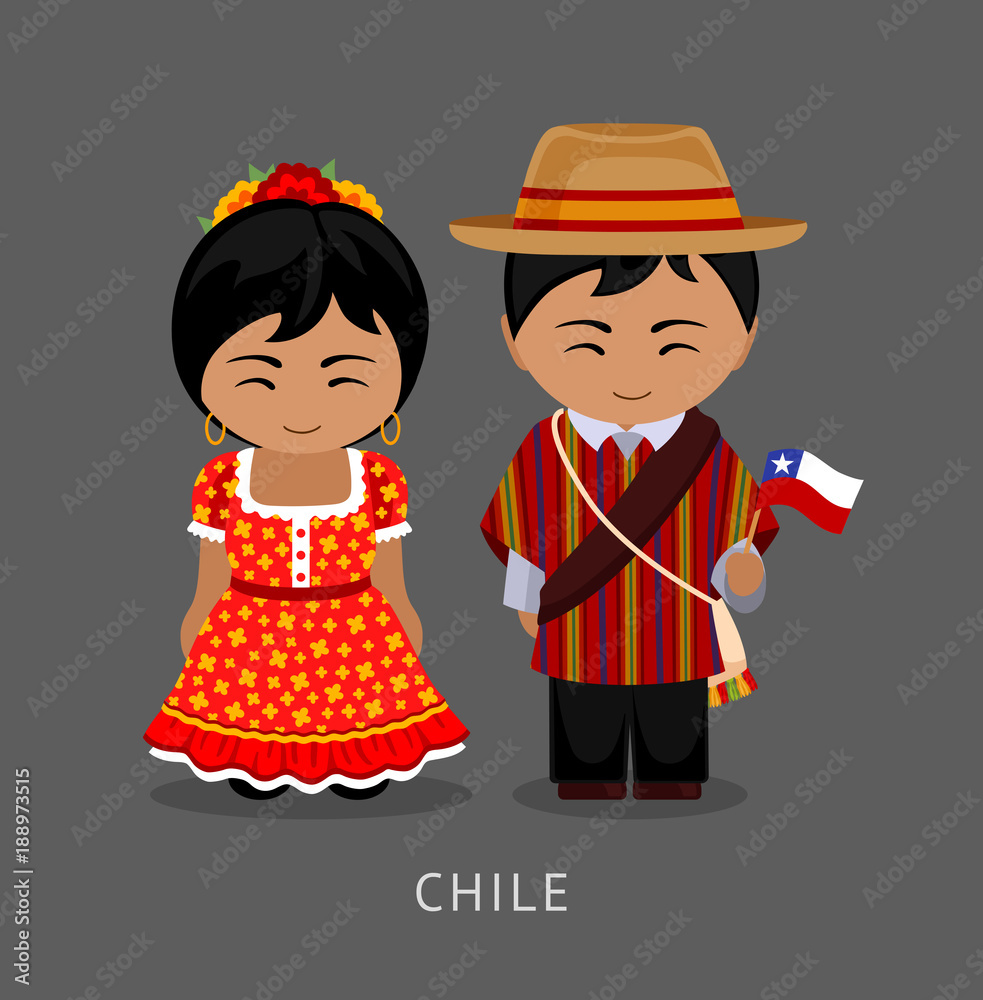 Chileans in national dress with a flag. Man and woman in traditional ...