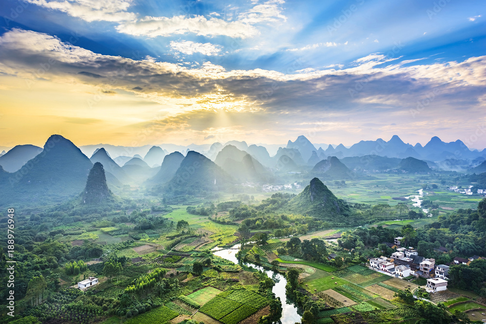 Landscape of Guilin, Li River and Karst mountains. Located near ...