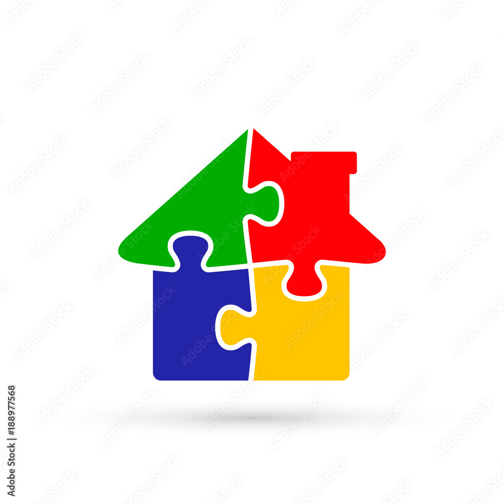 House Puzzle Icon, Jigsaw Home color illustration. Vector flat design ...