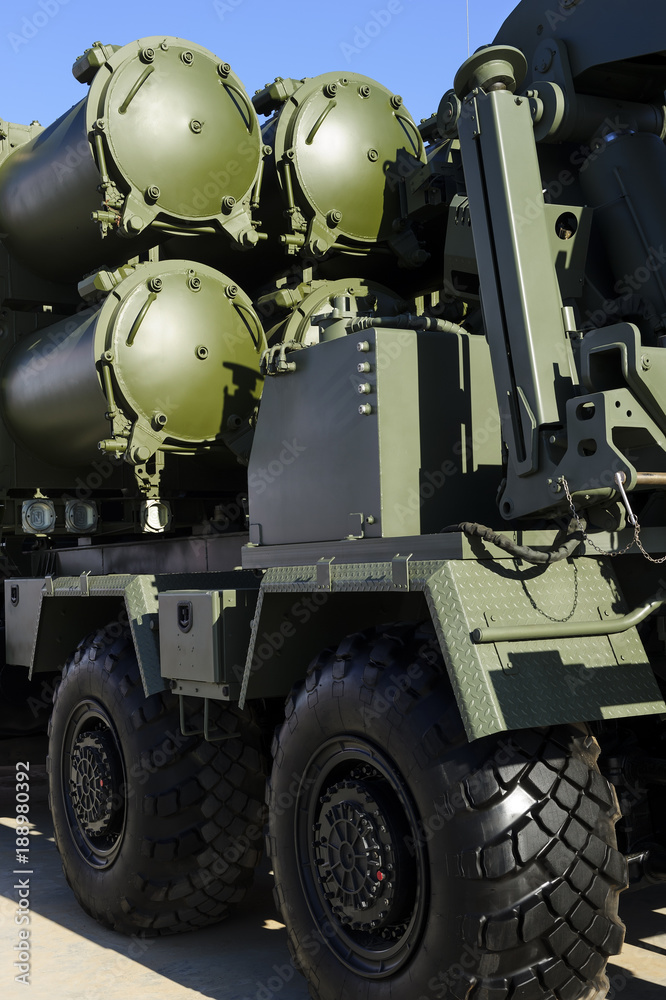 Heavy missile launcher on powerful army truck, rear view, modern ...