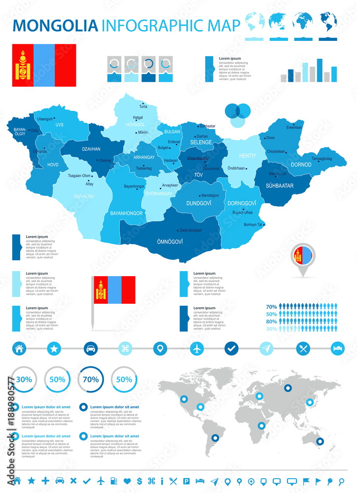 Mongolia - infographic map and flag - Detailed Vector Illustration ...