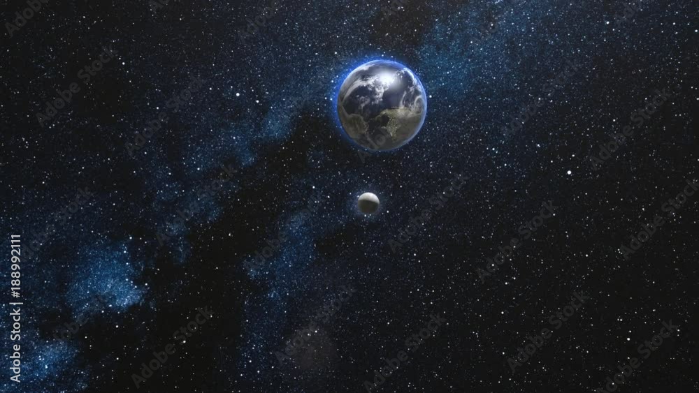Planet Earth and Moon rotating and spinning in open space, Blue Milky ...