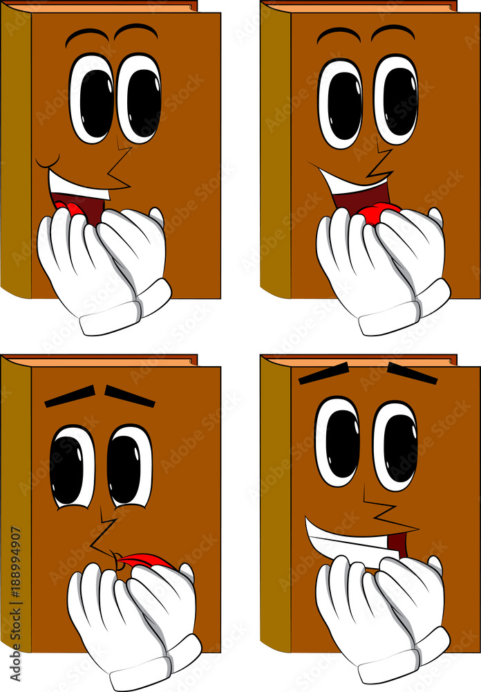 Books with hands over mouth. Cartoon book collection with happy faces ...