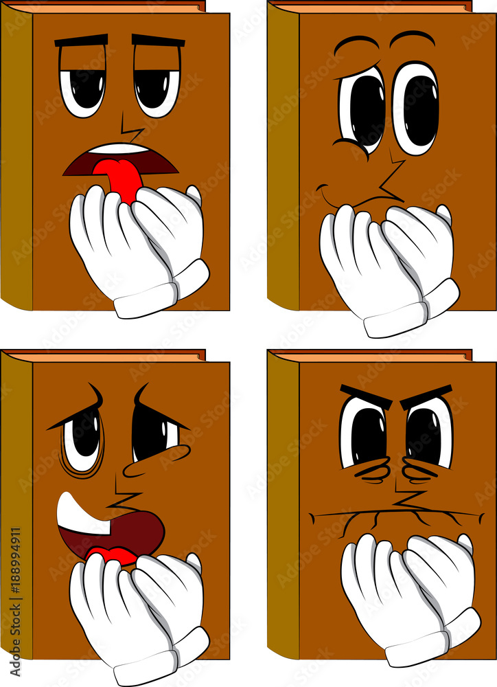 Books with hands over mouth. Cartoon book collection with sad, bored ...