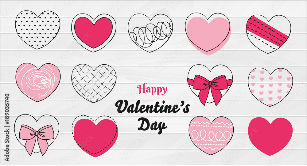 Happy Valentine's Day. Hand drawn vector modern pink hearts set, with ...