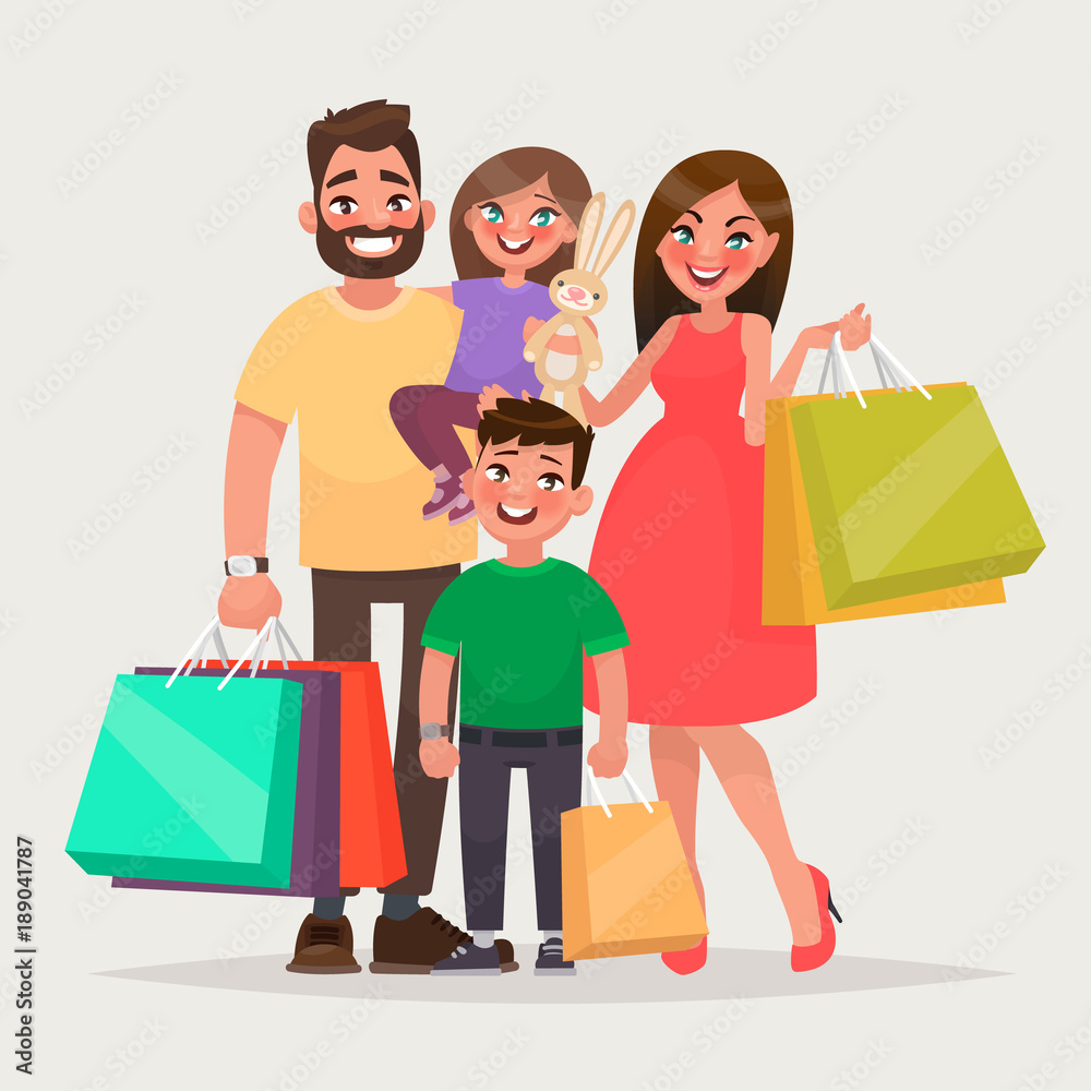 Happy family is shopping. Father, mother and children with packages and ...