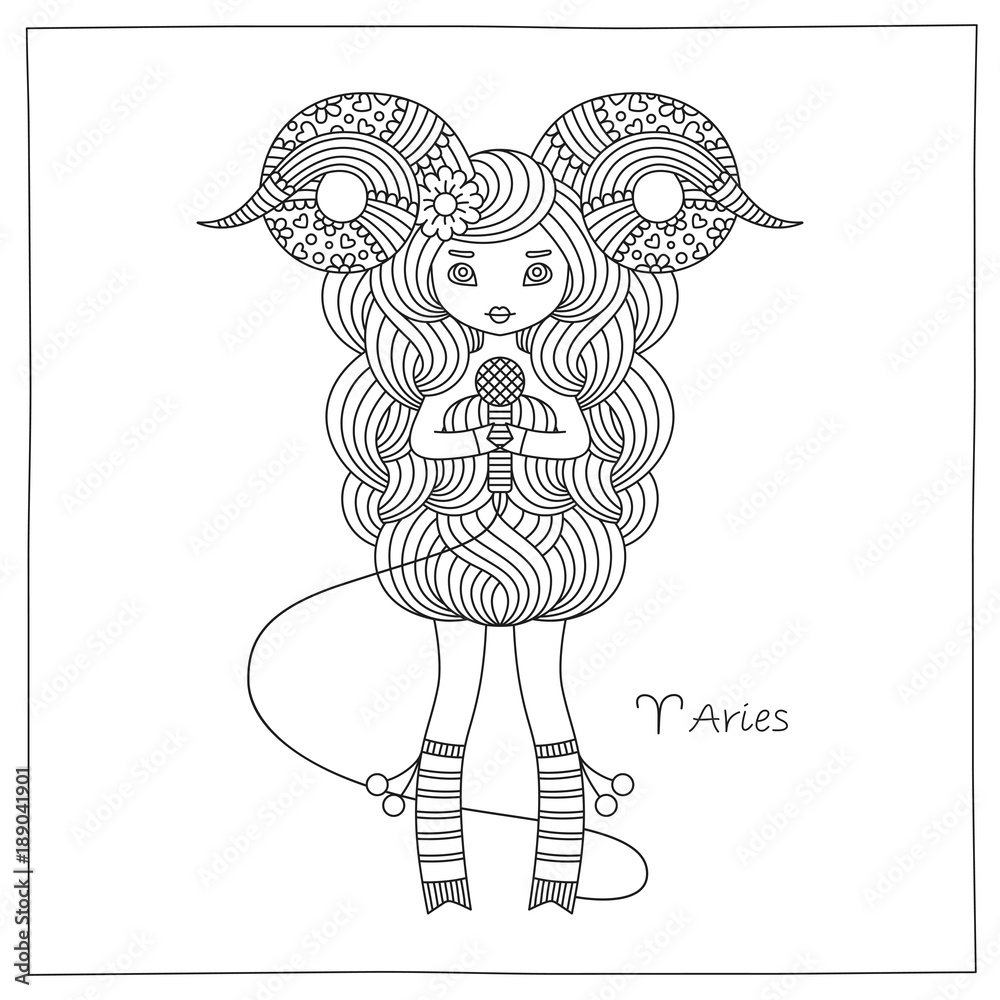 Zodiac sign Aries. Vector hand drawing illustration. Coloring book page ...
