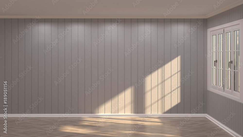 Empty gray room with sunlight,have windows and wooden floor 3d ...
