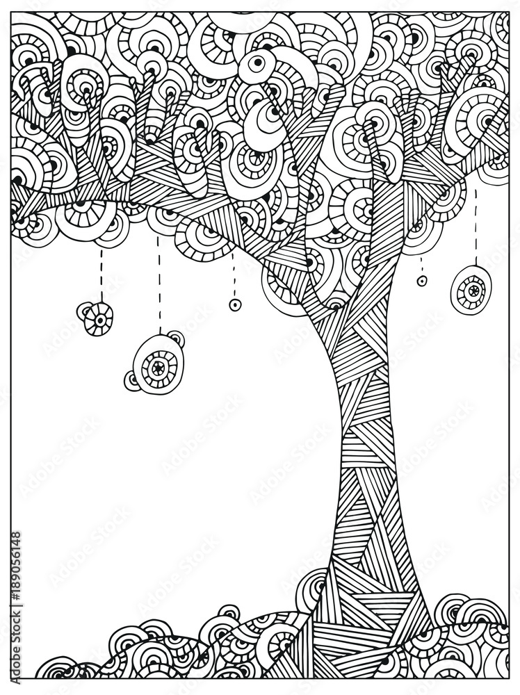 Hand drawn Uncolored Abstract tree on the hill line art for adult ...