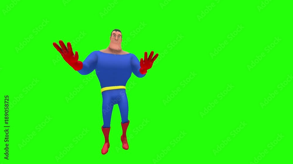 Happy cheerful animated superhero strongman cartoon character performs ...