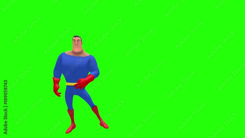 Happy cheerful animated superhero strongman cartoon character performs ...