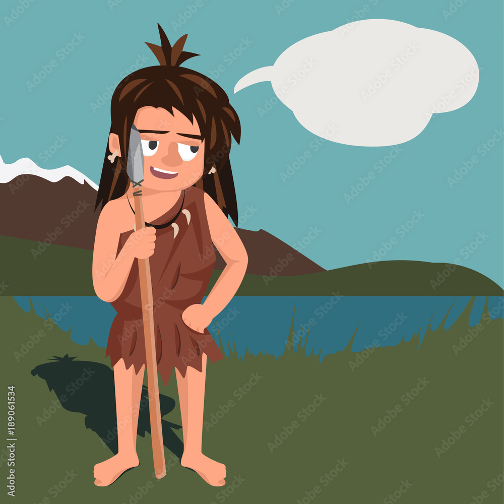stone age girl with spear vector cartoon illustration Stock Vector ...