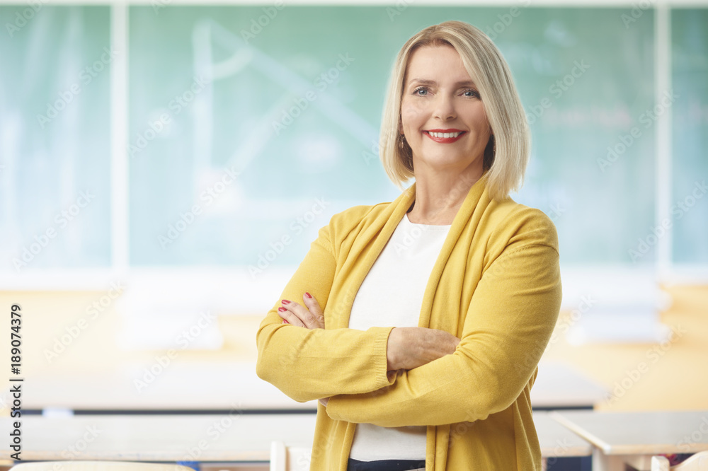 Female teacher in the classroom. Lovely female teacher looking at ...