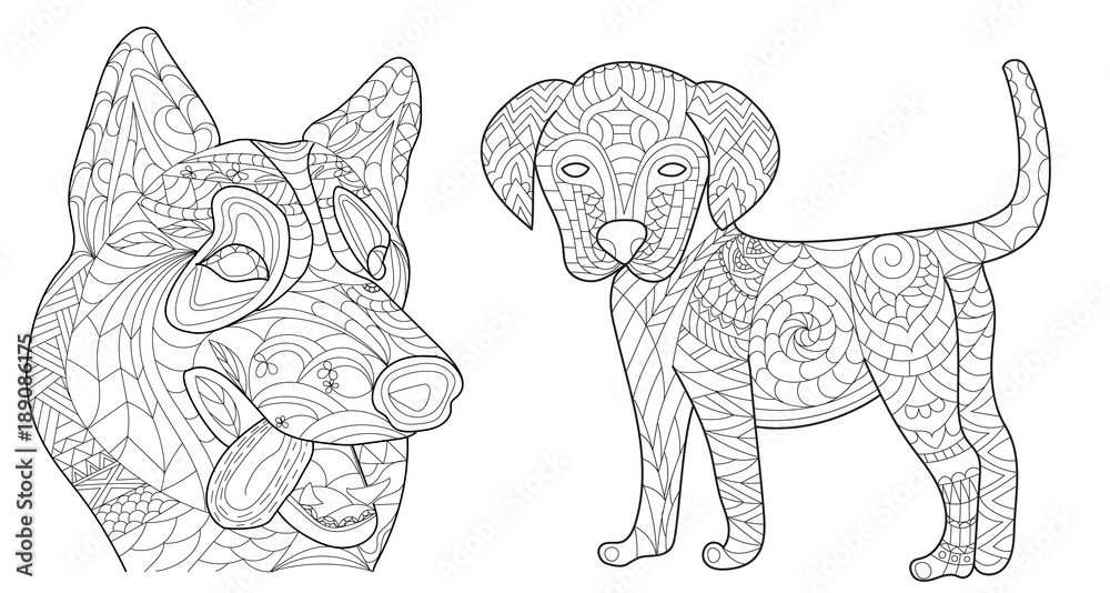 Set 2 dogs anti stress vector coloring book for adult, children ...