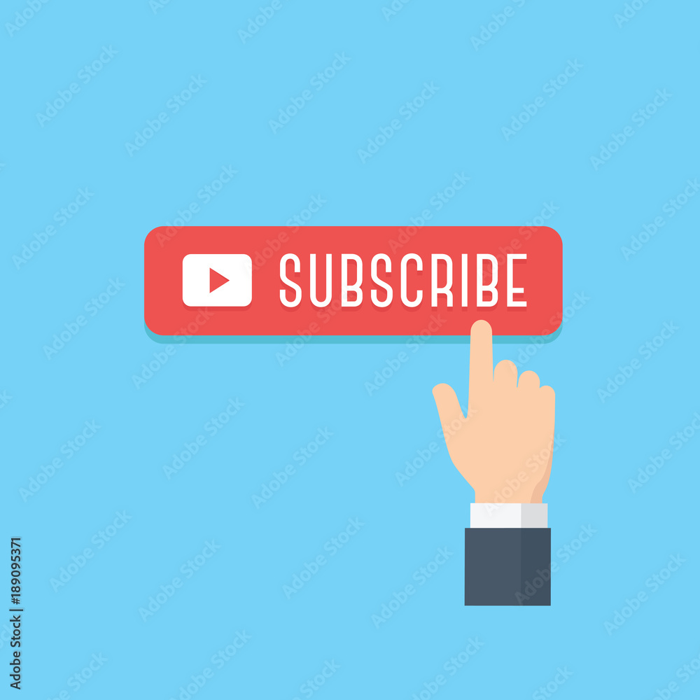 Hand pointing subscribe button illustration. Content updates for video ...