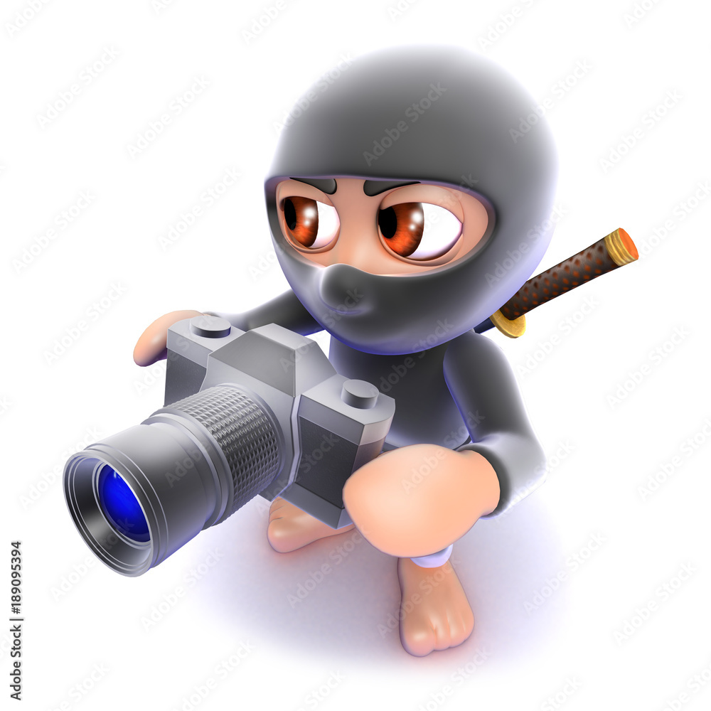 3d Funny cartoon ninja assassin taking a photo with a camera Stock ...