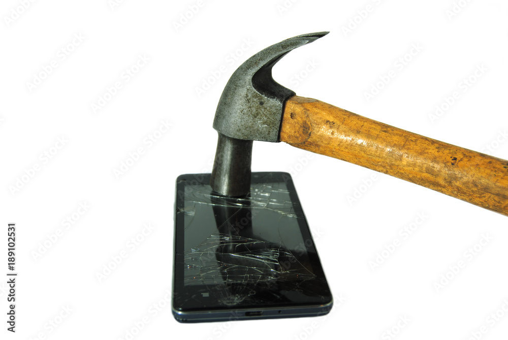 Partir o smartphone, martelo a martelar o ecran do telemovel Stock ...