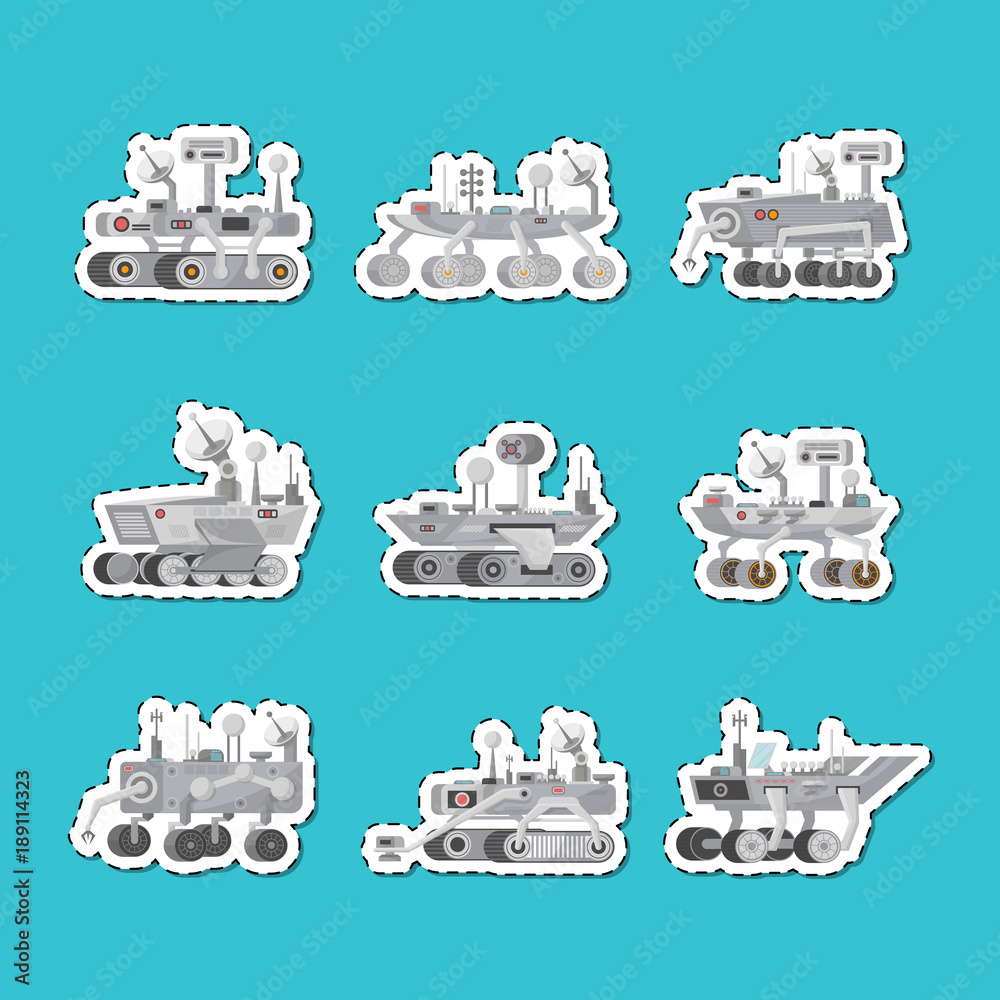 Mars rover with camera, wheels, antenna and hand manipulator labels ...