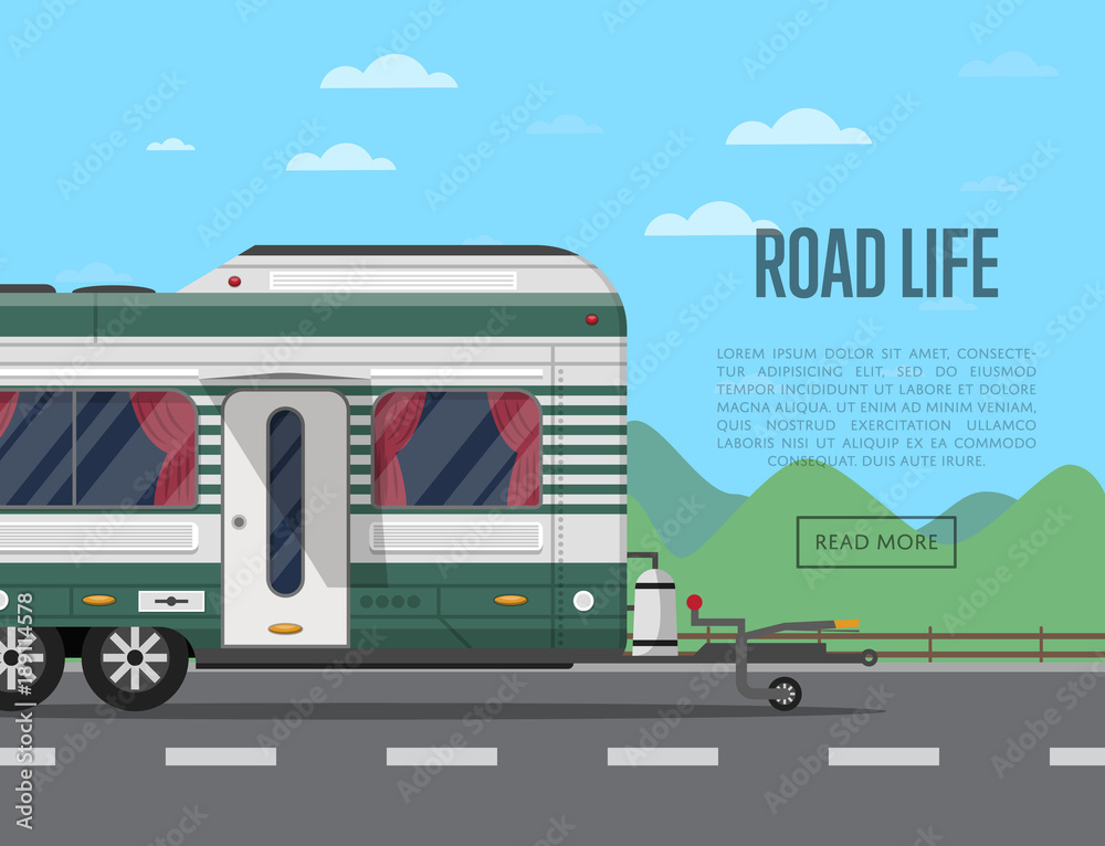 Road life poster with camping trailer on nature background. Side view ...