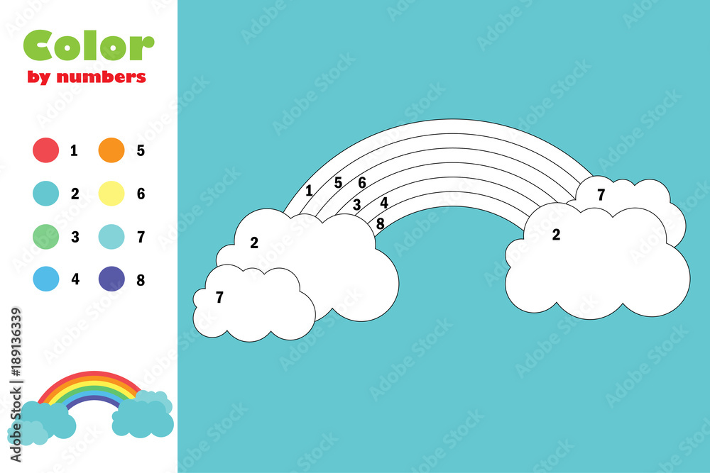 Colorful rainbow, color by number, education paper game for the ...
