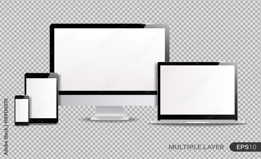 Realistic Computer, Laptop, Tablet and Smartphone with Blank Wallpaper ...