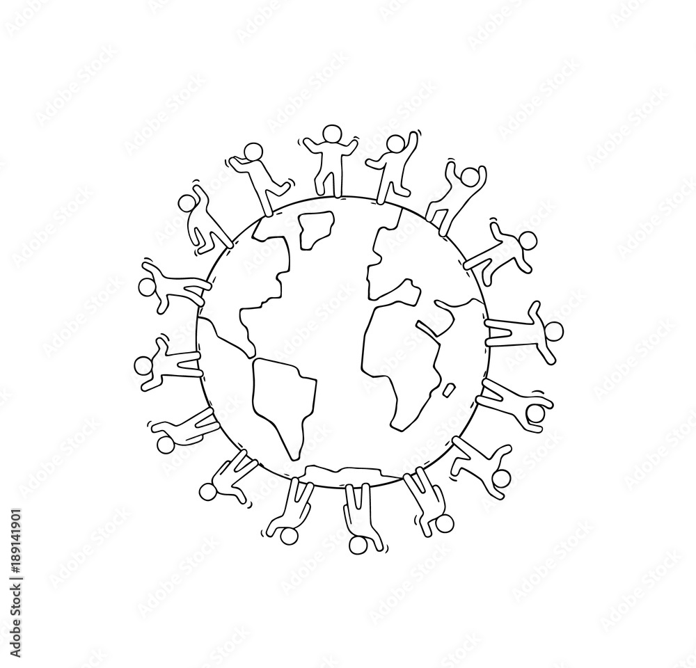 Cartoon happy little people standing around the world. Stock Vector ...
