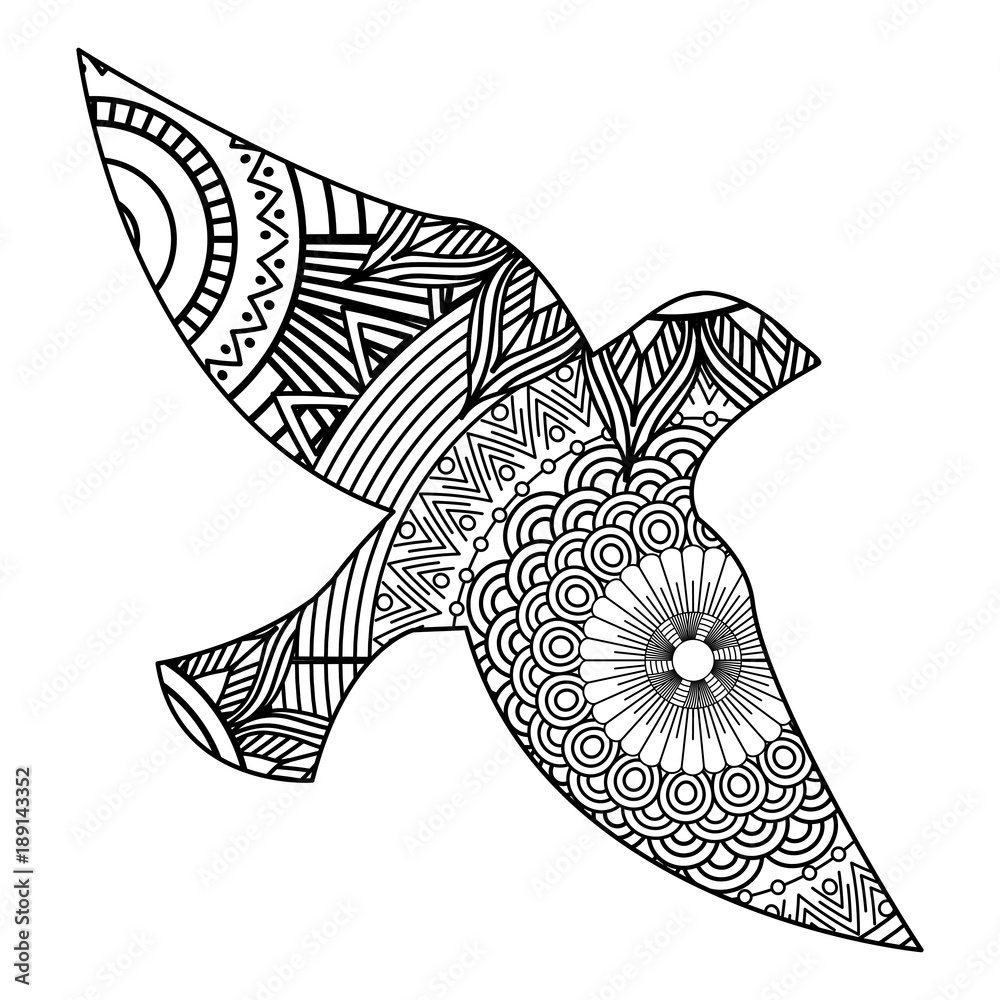 hand drawn for adult coloring pages with bird flying zentangle ...