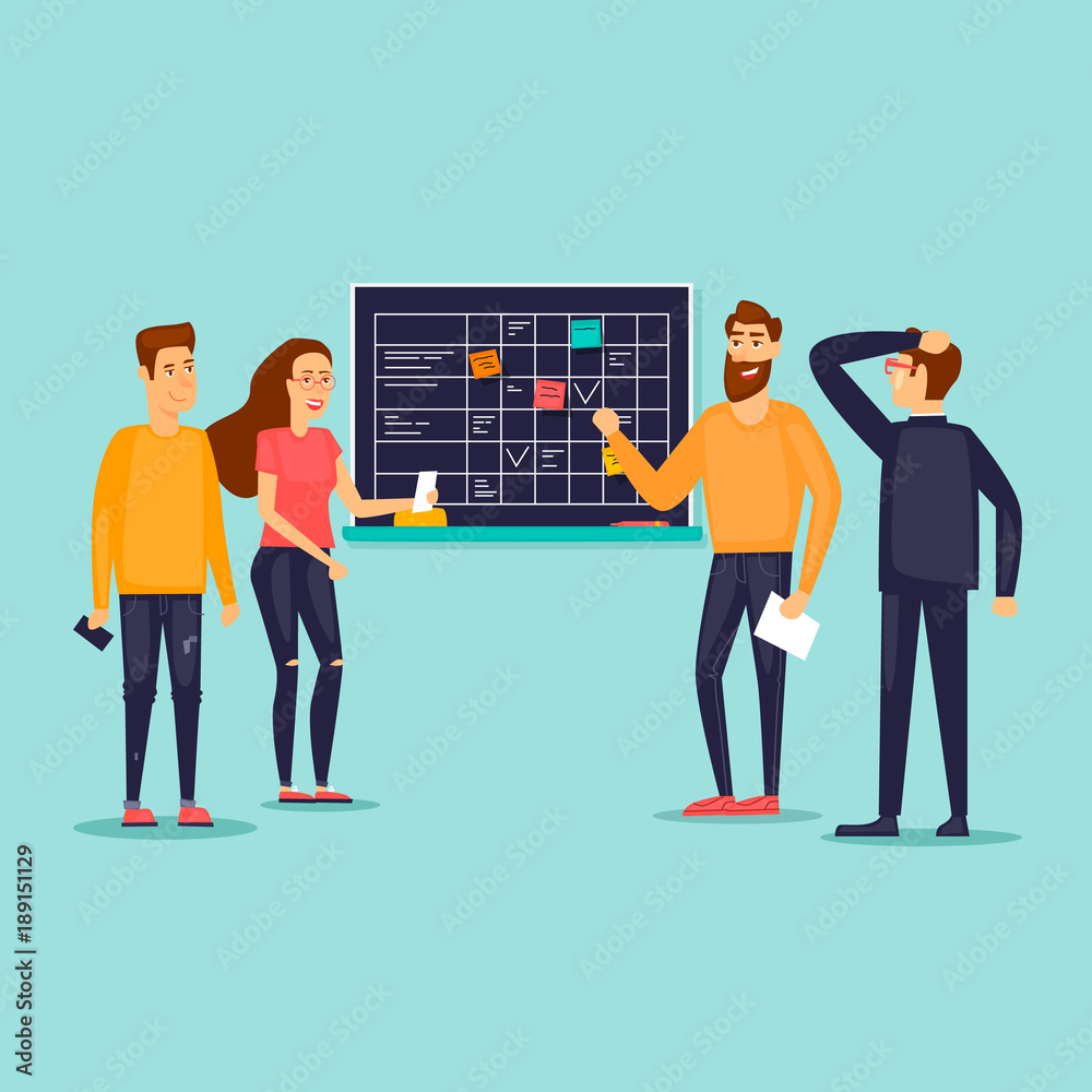 Office work, discussion of plans, teamwork. Flat vector illustration in ...