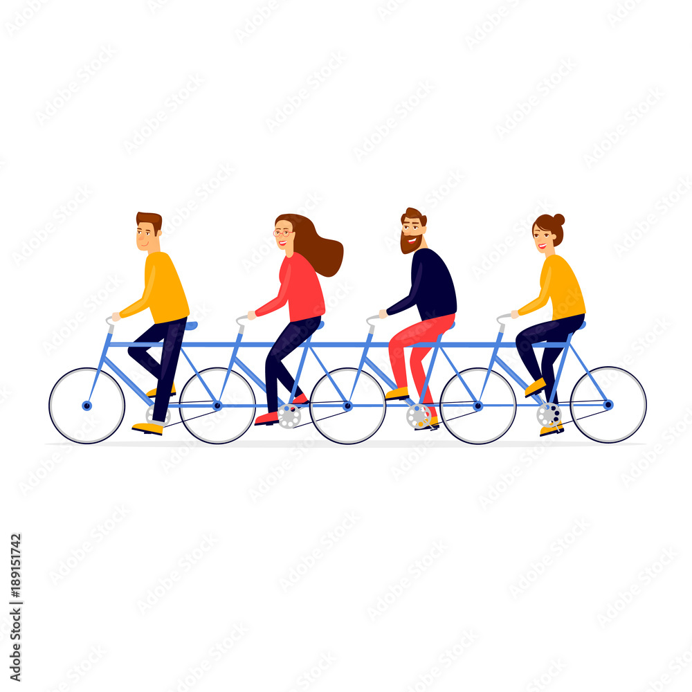 Teamwork business people traveling by bicycle. Flat vector illustration ...