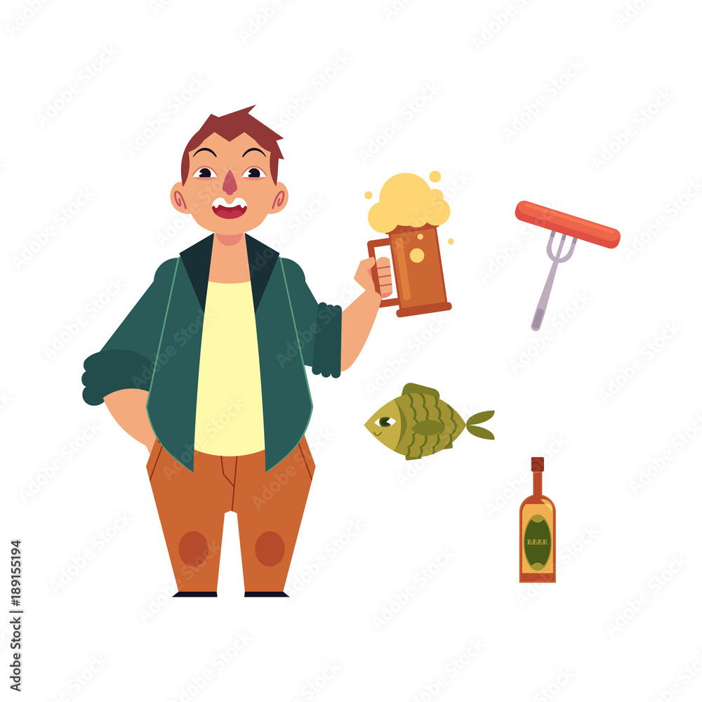 Vector cartoon beer lover - adult man with big beer belly holding mug ...