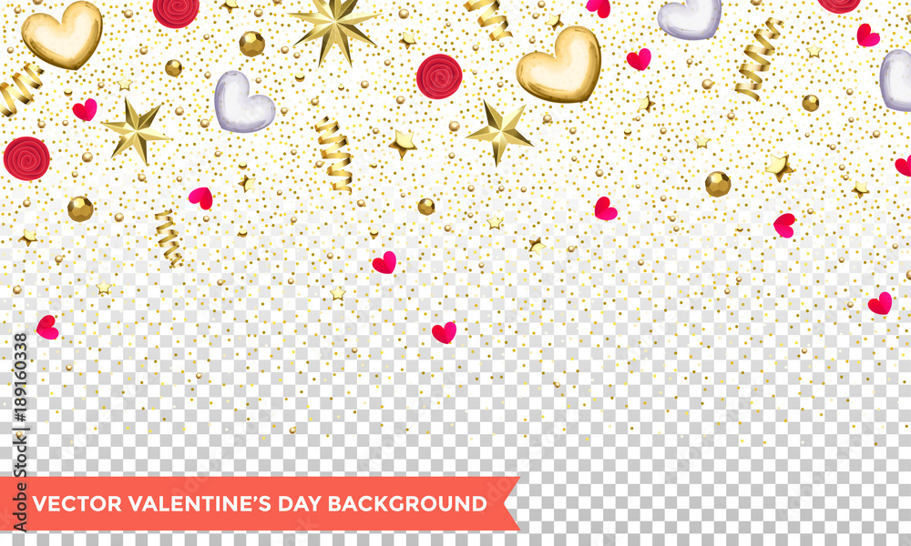 Valentines day of hearts and gold glitter confetti or flowers on ...