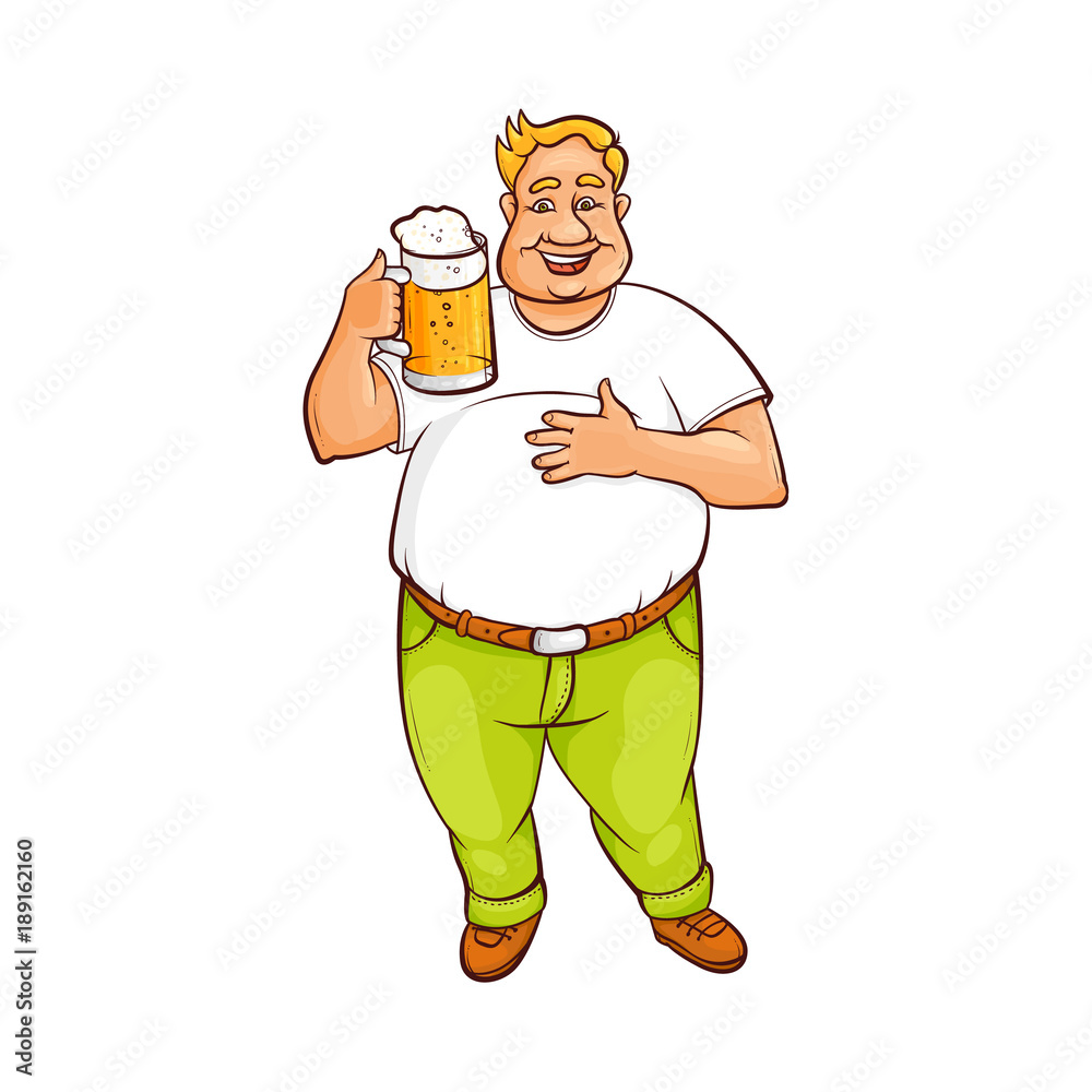 Funny smiling fat, chubby man holding big beer mug, hand-drawn cartoon ...