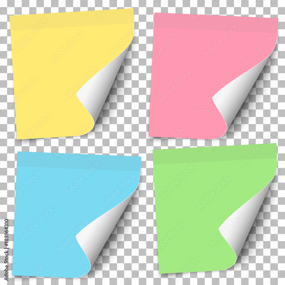 Set of yellow, green, blue and pink paper sticky notes with curled ...